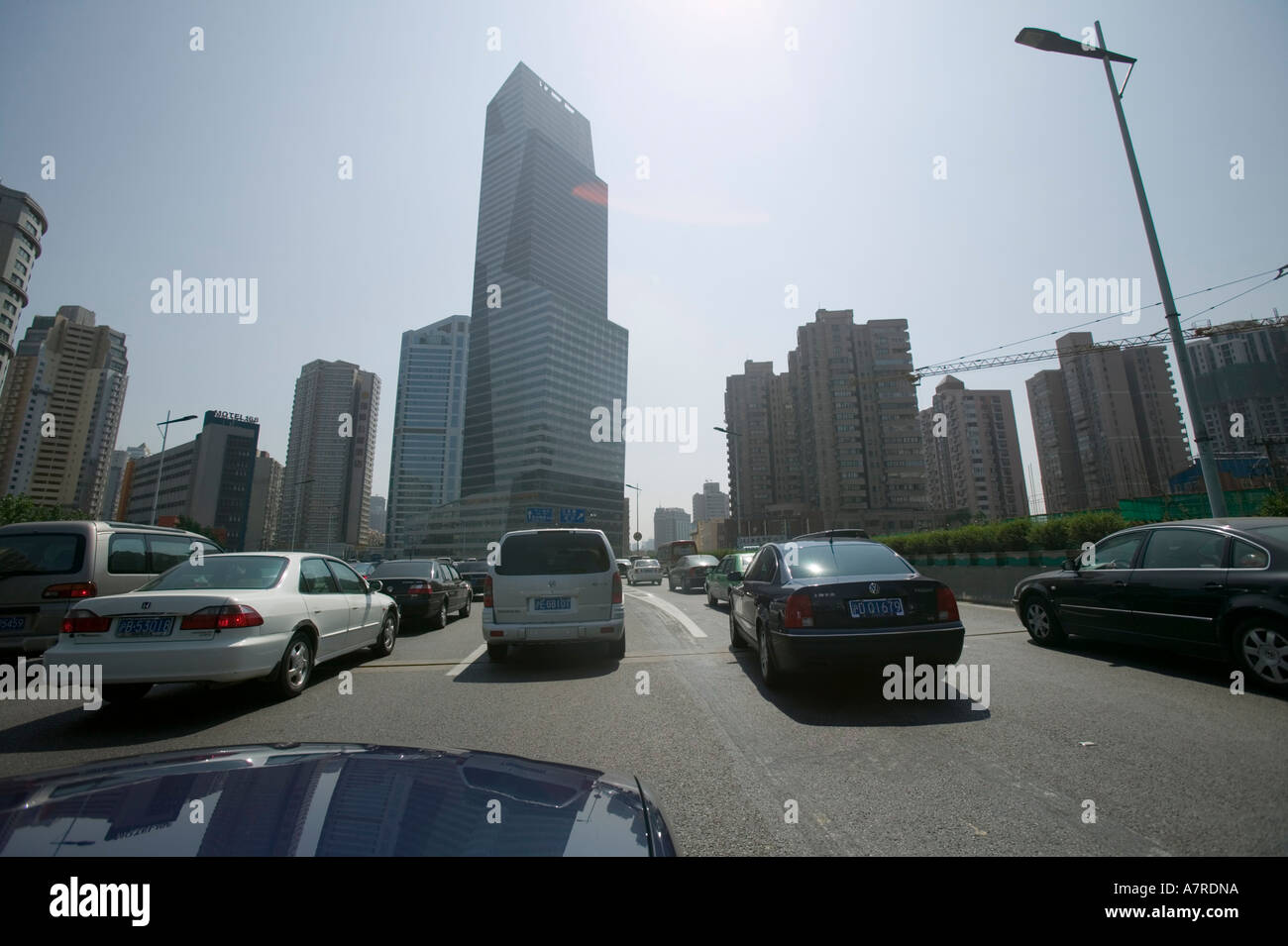 Asia China Shanghai View through taxi window driving through morning ...