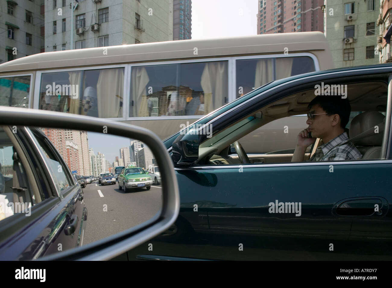 Asia China Shanghai View through taxi window driving through morning ...