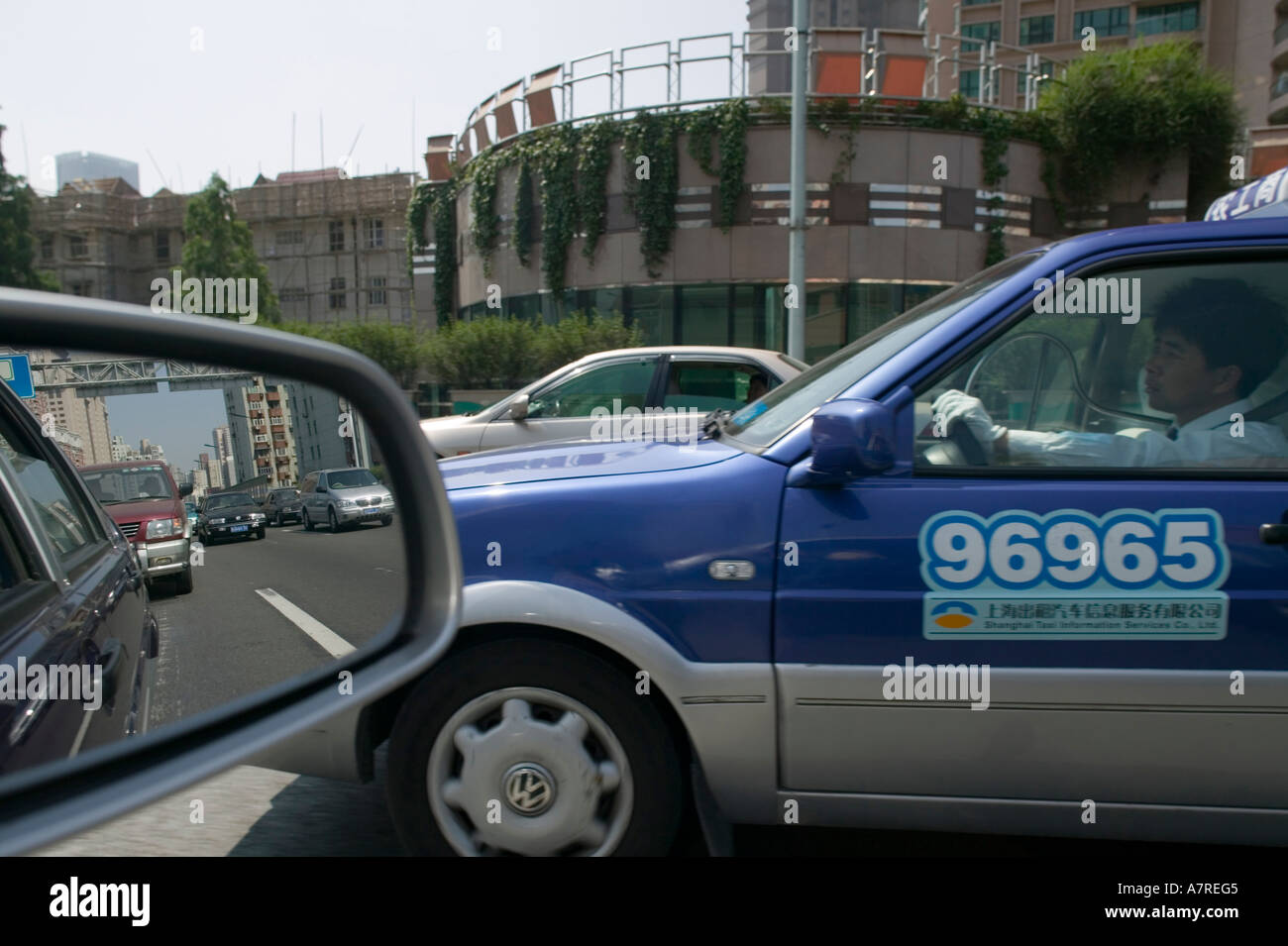 Asia China Shanghai View through taxi window driving through morning ...