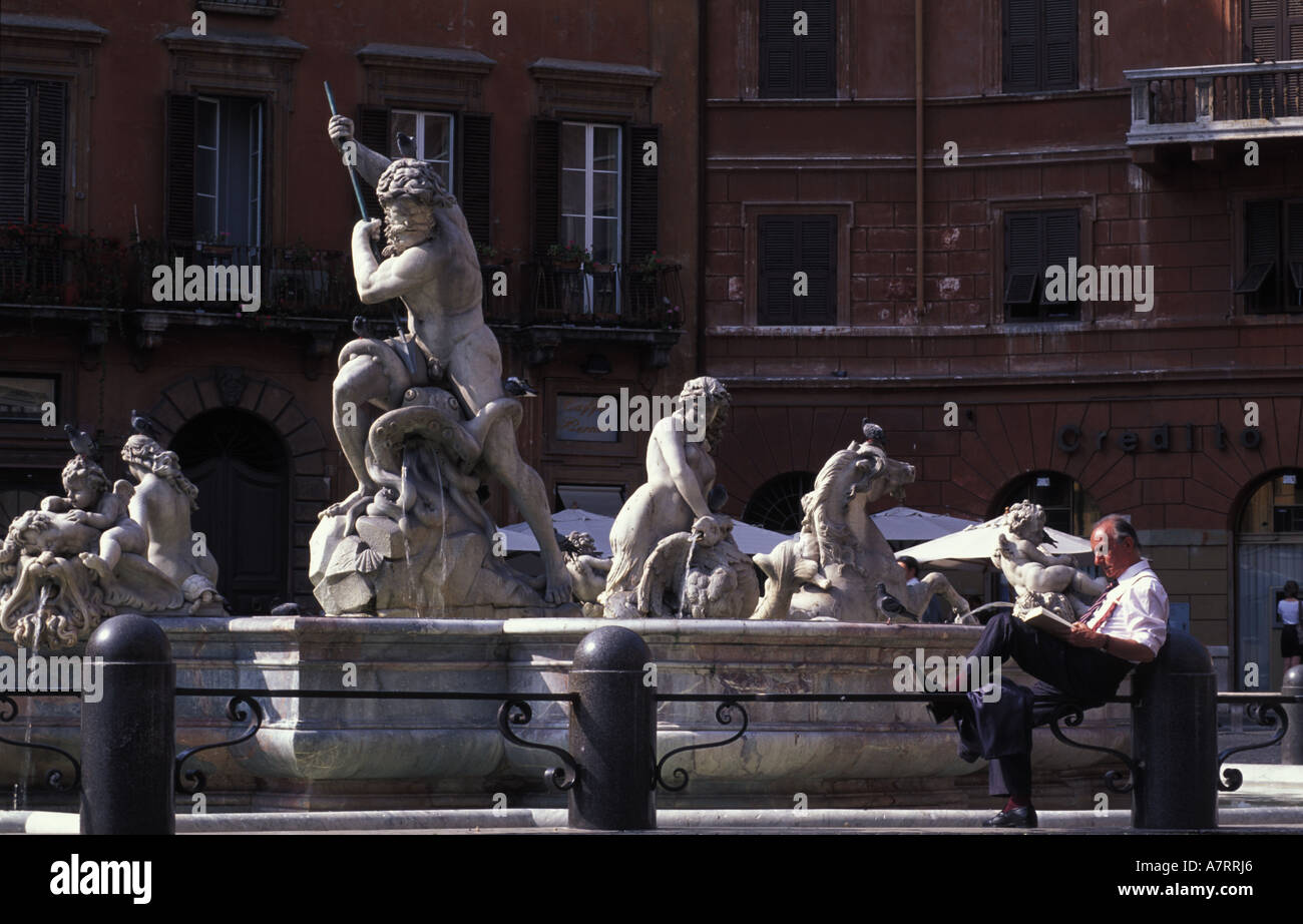 Italy, Lazio, Rome, Neptune fountain (work of Bernini) on Piazza Navona ...