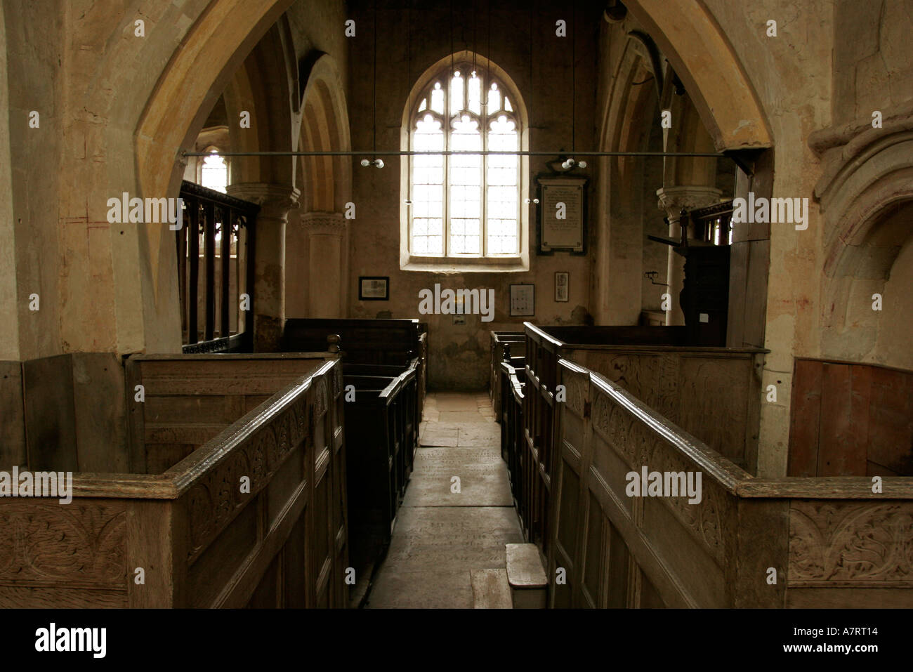 Interior of Inglesham Church Gloucestershire with ancient box pews and ...