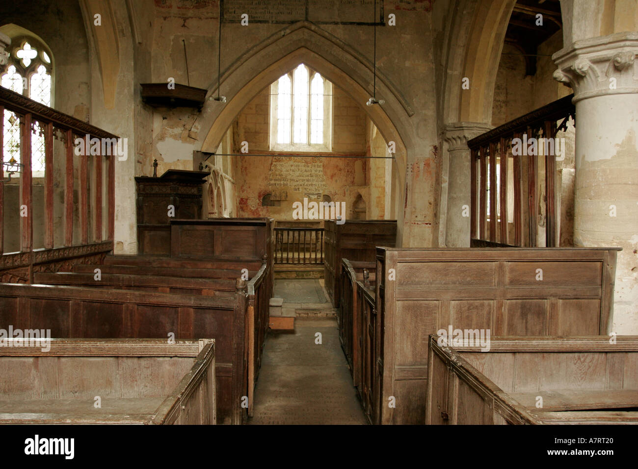 Interior of Inglesham Church Gloucestershire with ancient box pews and ...