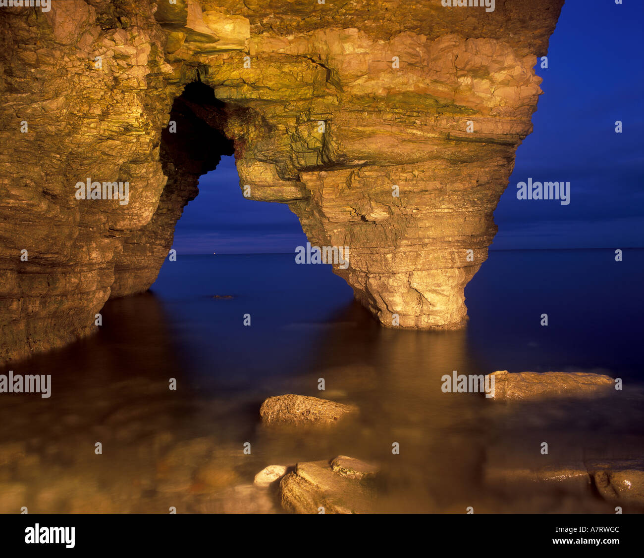 Limestone sea arch and cave at Marsden Bay on the South Tyneside ...