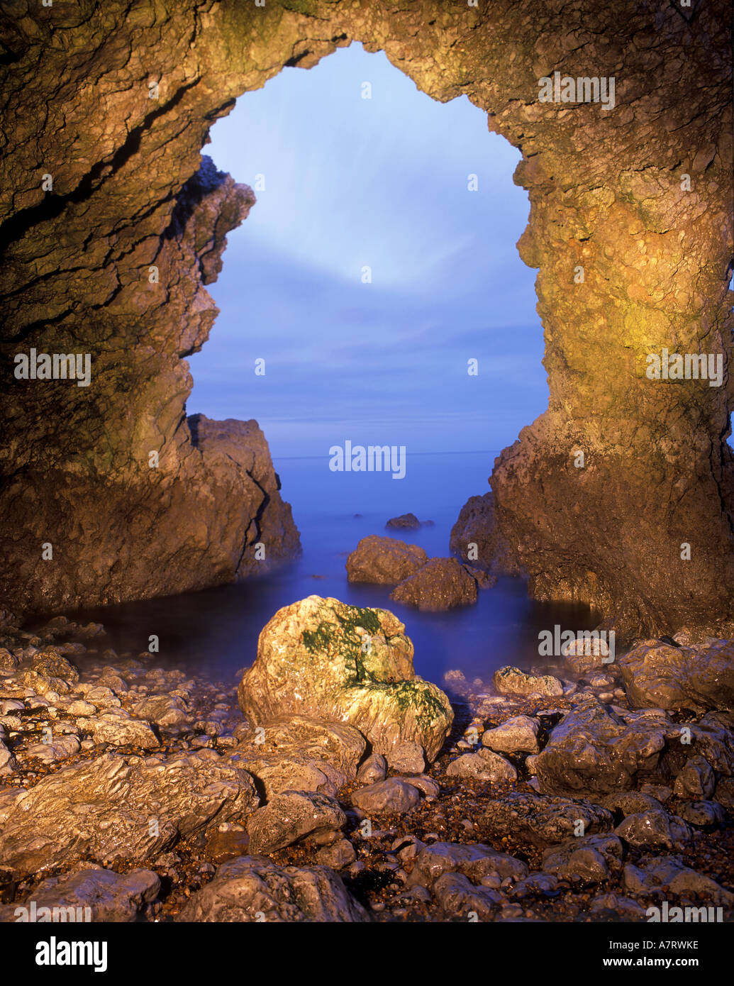 Limestone sea cave at twilight near Marsden Bay on the South Tyneside ...