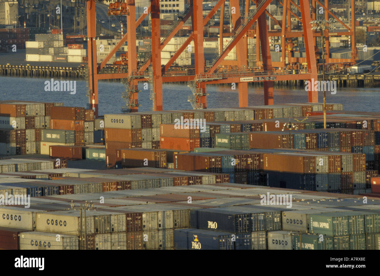 N.A., USA, Washington, Seattle. Cargo containers and cranes at Port of ...