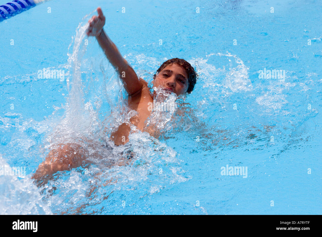 boy swimming back stroke on school sports day Stock Photo - Alamy