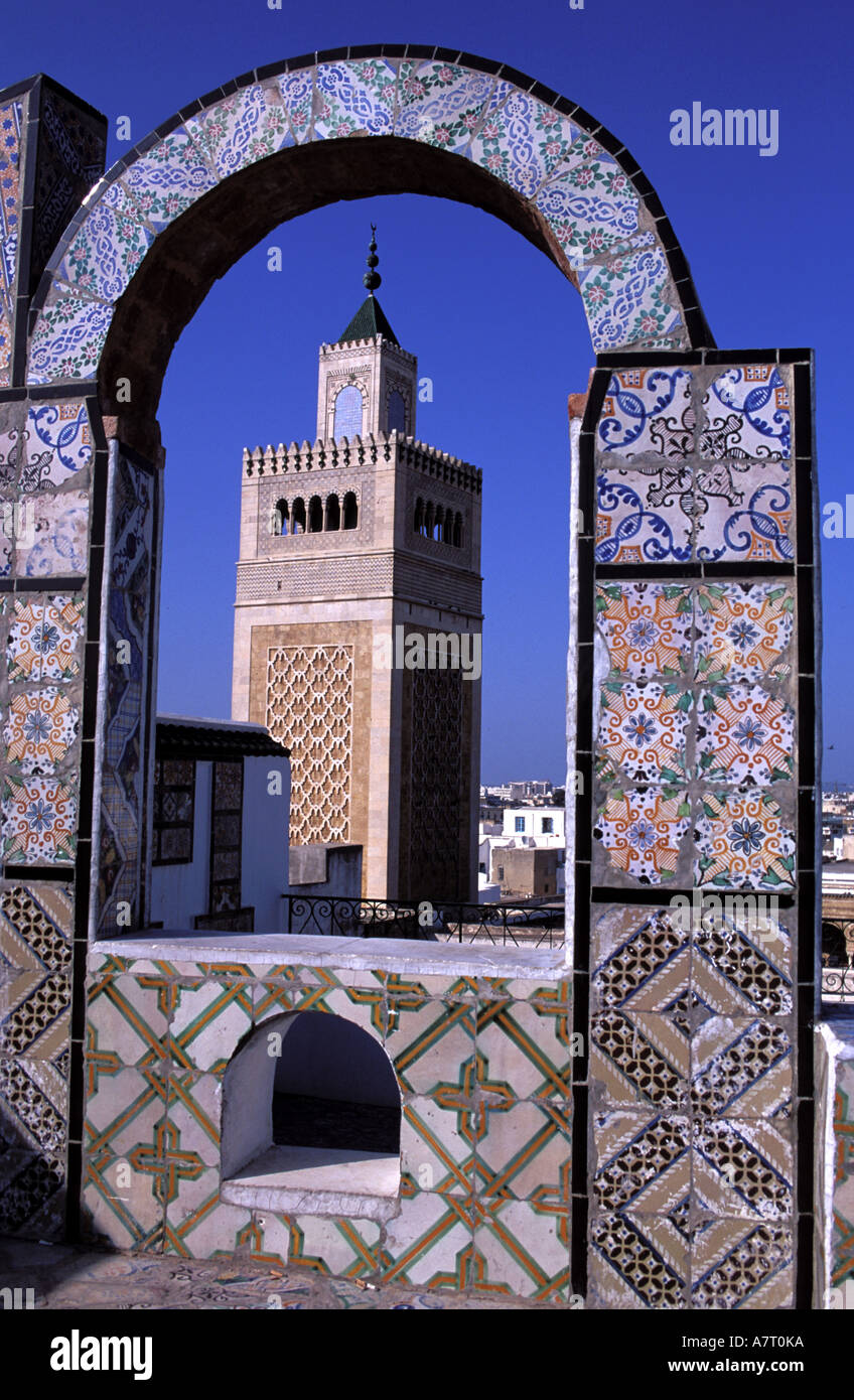 Tunisia, Tunis, Ez Zitouna Great Mosque seen from a terrace of the ...