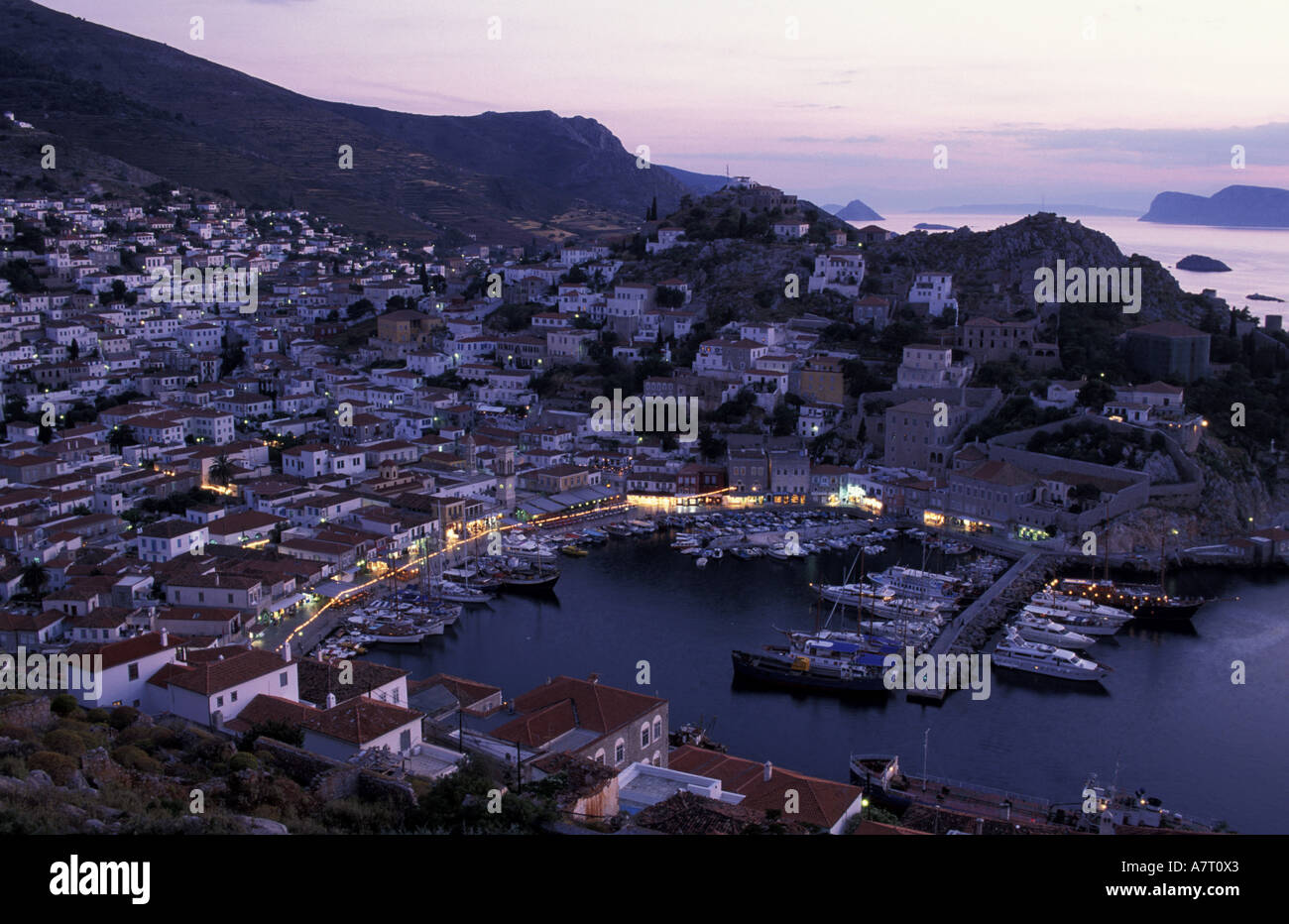 Greece, Saronic islands, Hydra island, Hydra-city and its harbour Stock ...