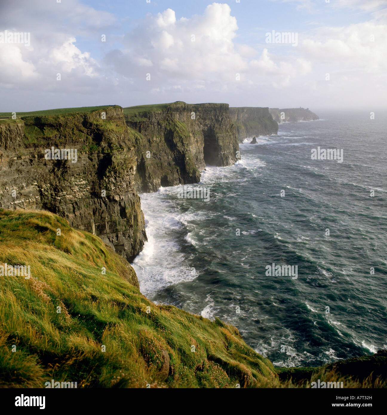High angle view of cliffs at coast, Cliffs Of Moher, The Burren, County ...