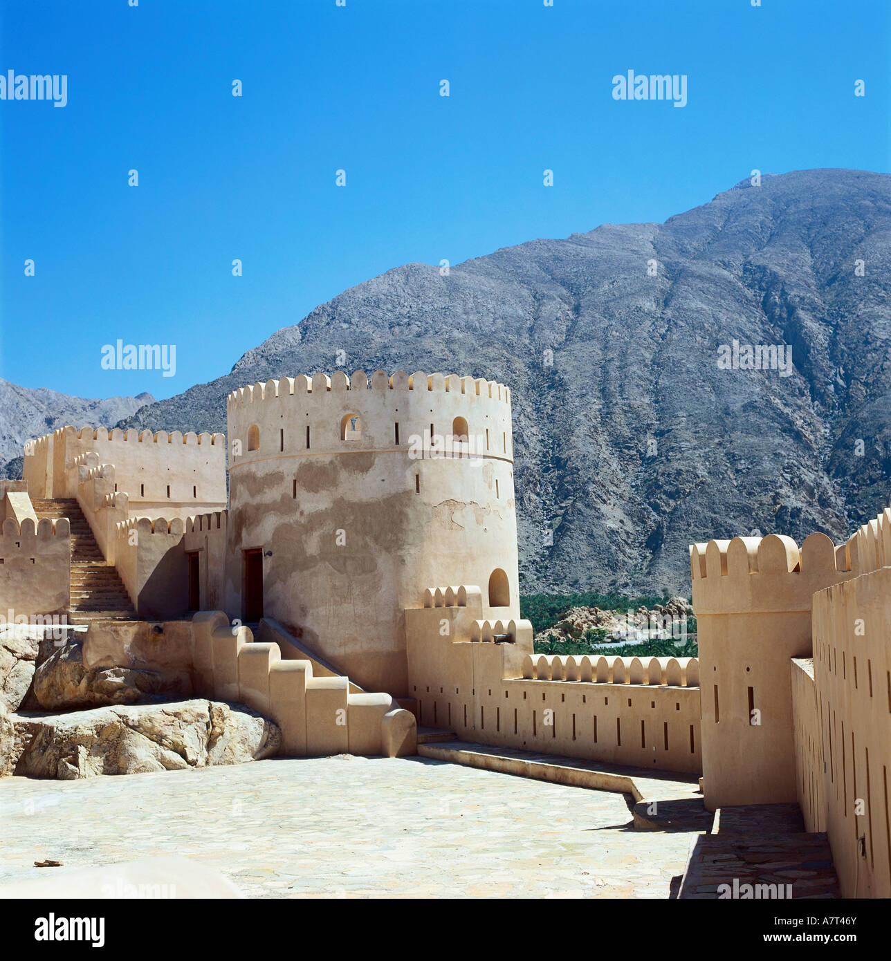 Castle in front of mountains, Nakhl Fort, Al Batinah, Oman Stock Photo ...