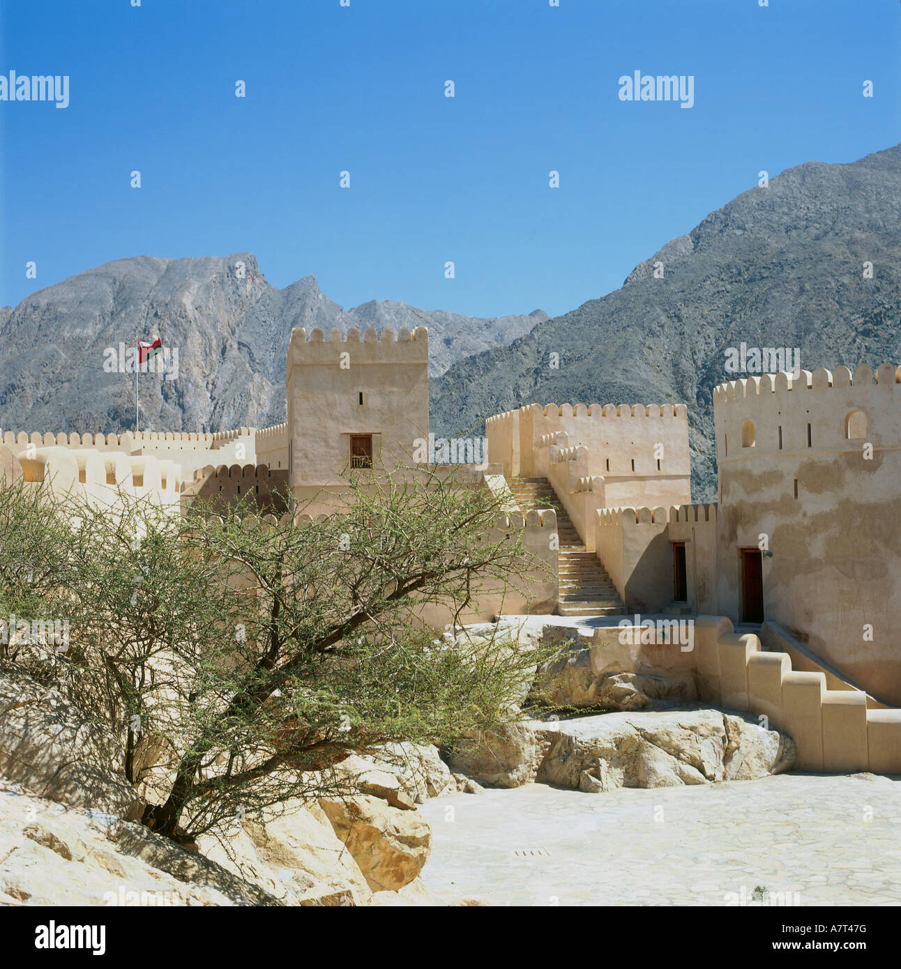 Castle in front of mountains, Nakhl Fort, Al Batinah, Oman Stock Photo ...