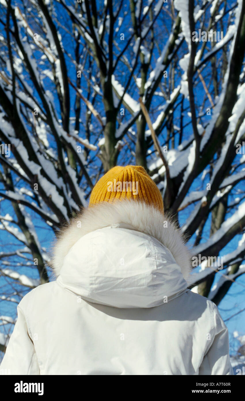 Person wearing bonnet and winter coat, rear view Stock Photo - Alamy