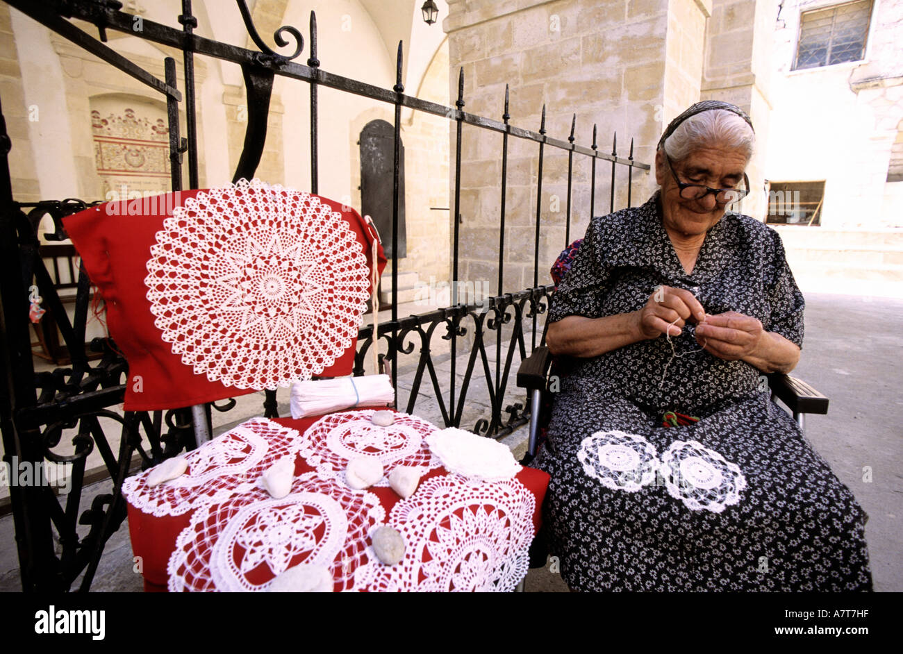 Cyprus, Troodos region, Omodos wine growing village, embroideress, the ...
