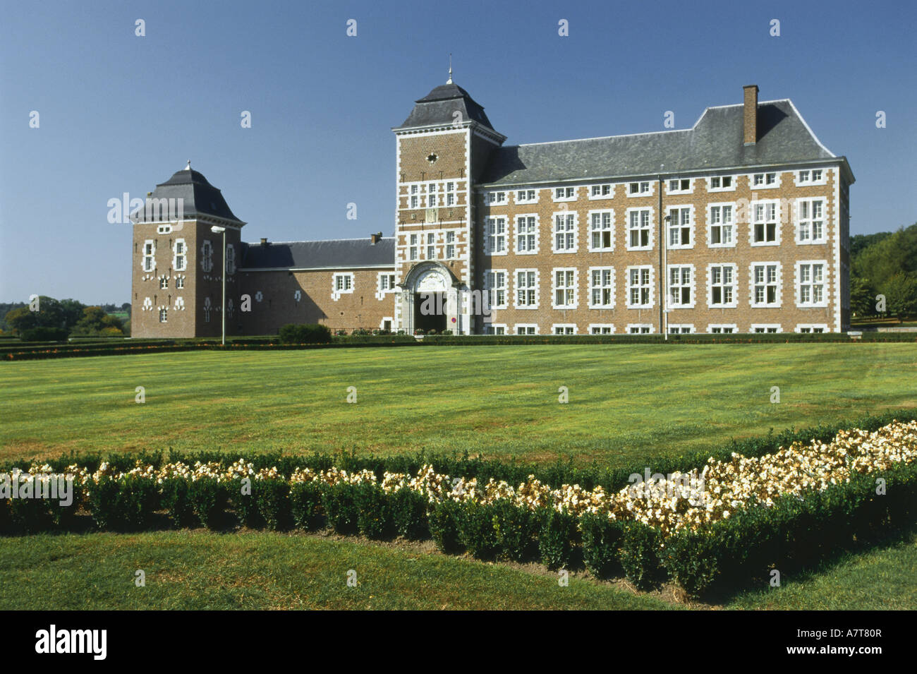 Formal garden in front of building, Belgium Stock Photo - Alamy