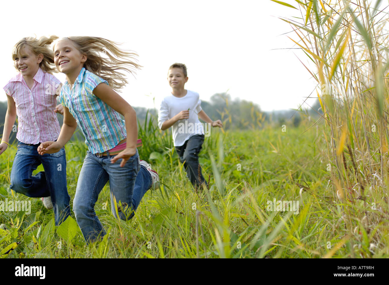 Brother and sisters running in field Stock Photo - Alamy