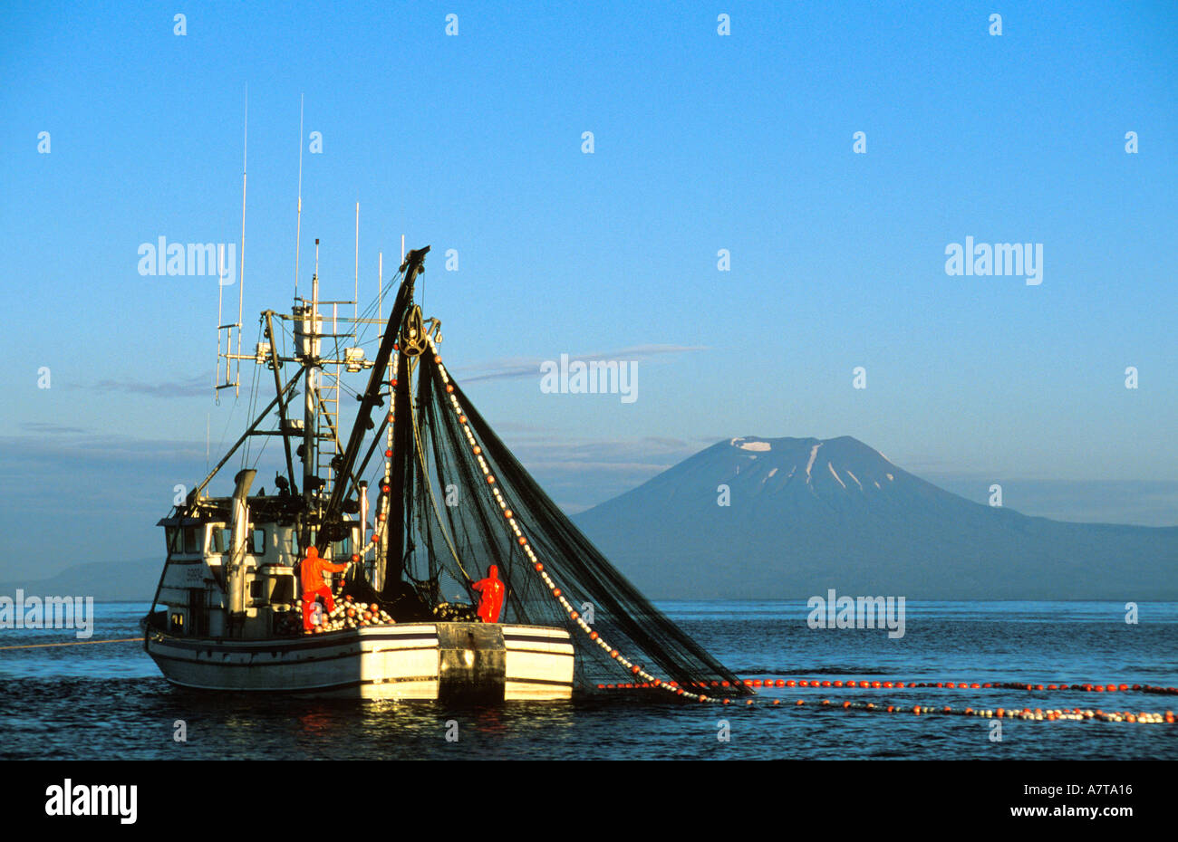 Salmon Boat Fishing with Volcano in background Alaska Southeast Stock ...