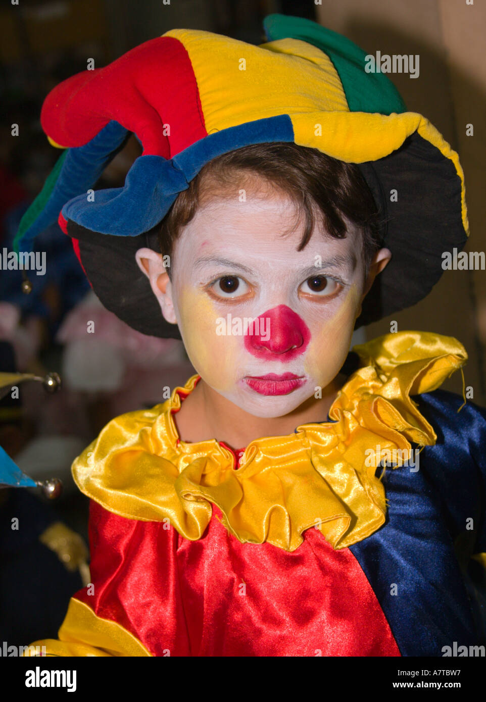 Young school boy dressed as clown for school play Stock Photo - Alamy