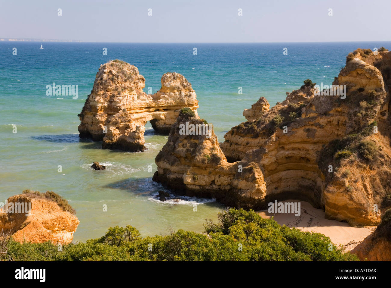 Rock formations on beach, Algarve, Portugal Stock Photo - Alamy