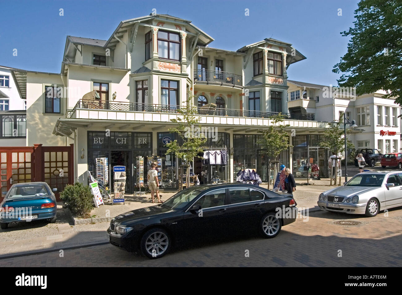 Cars in front of building Ahlbeck Uecker-Randow Mecklenburg-Vorpommern ...