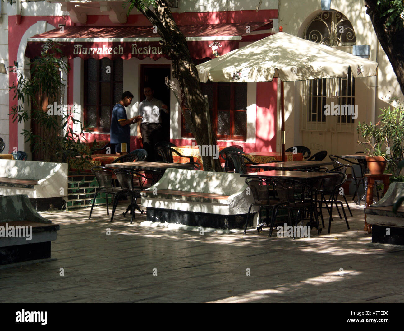 Quite square and pavement cafe in dappled shade, Gibraltar, Europe ...