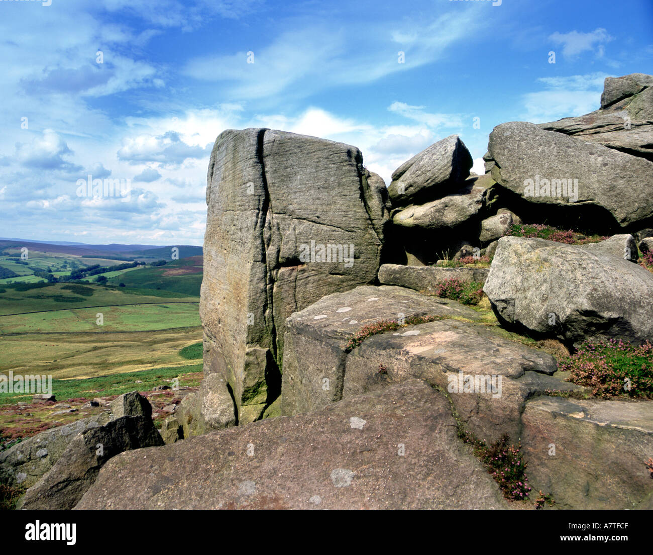 the peak district in derbyshire overlooking sandstone rock formations ...