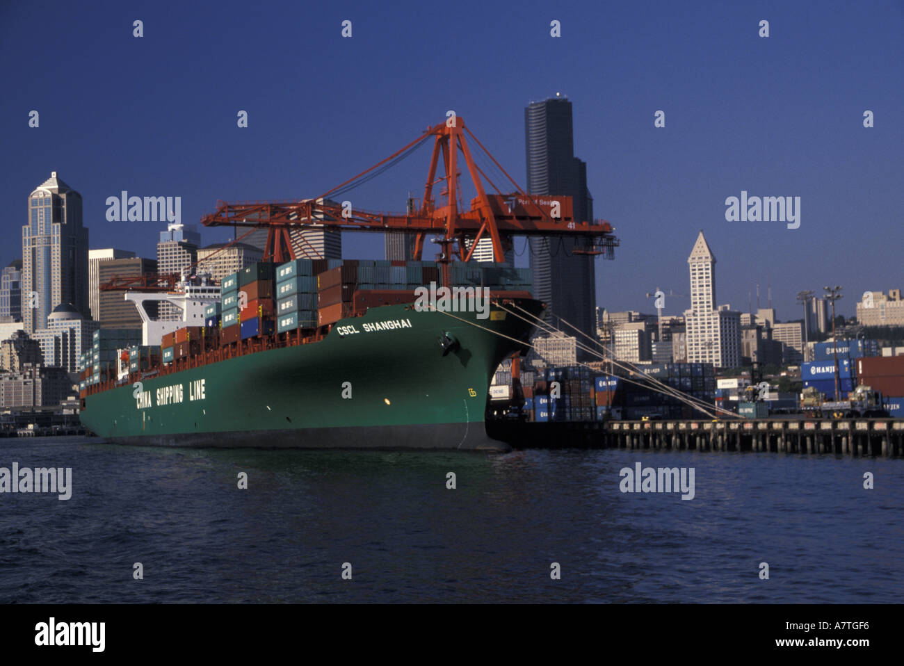 USA, Washington State, Seattle. Container ship at Port of Seattle in ...
