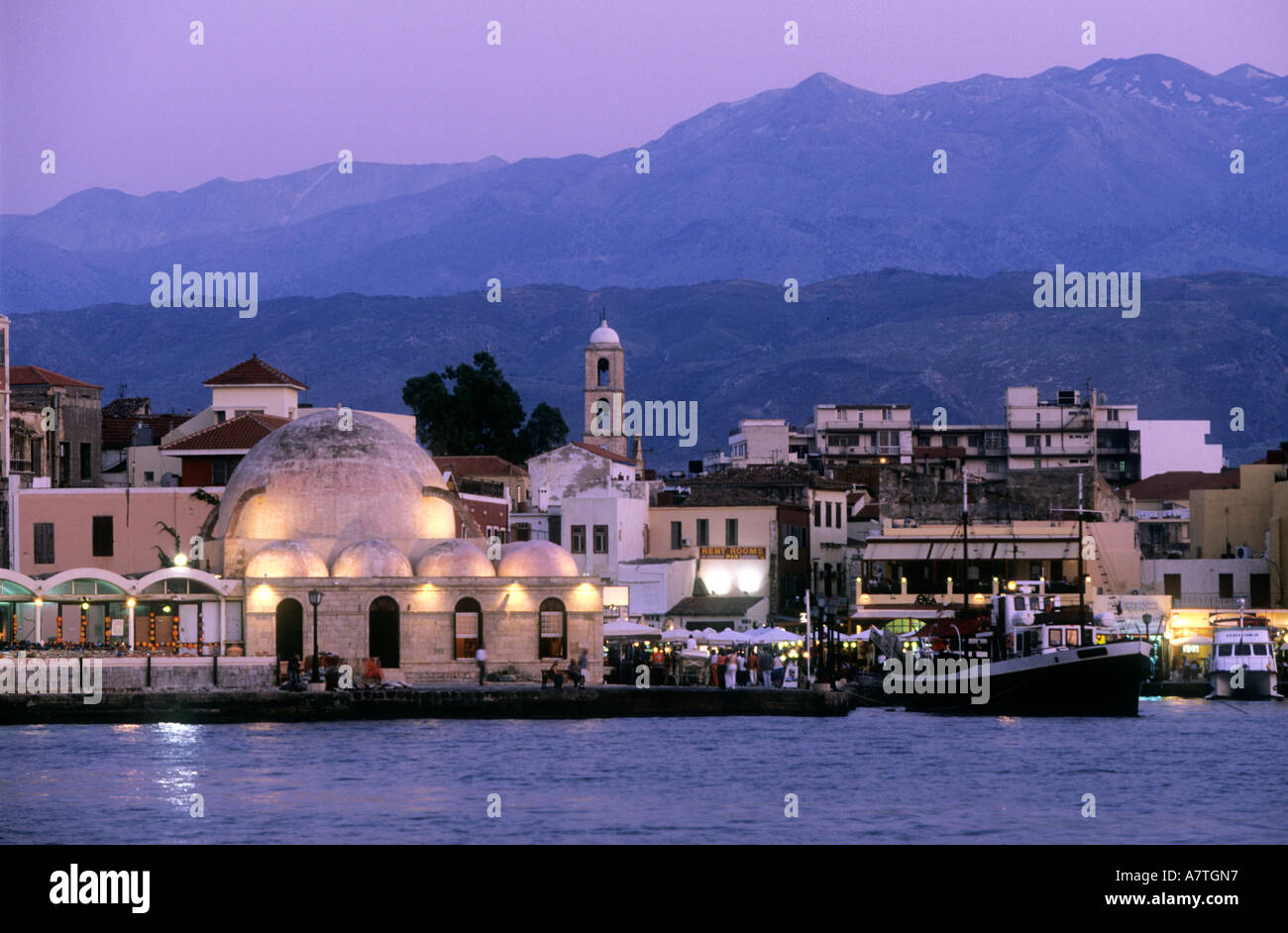 Greece, Crete, Hania, twilight over the Venetian harbour and the ...