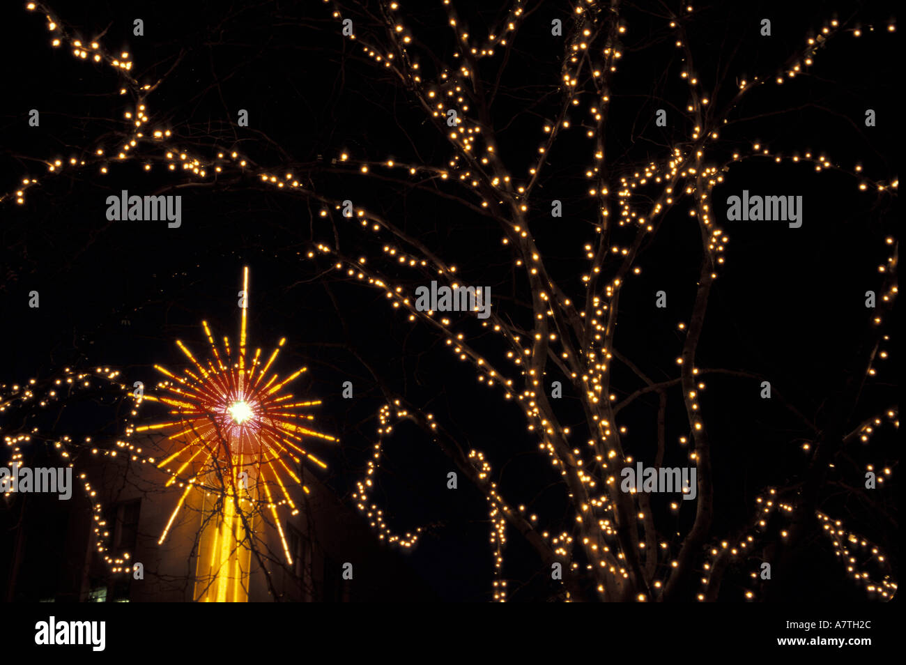 USA, Washington State, Seattle, Westlake Center at night during holiday ...