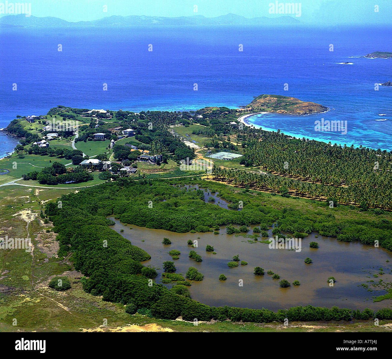 Aerial view of island, Mustique, Grenadines, Windward Islands, Grenada ...