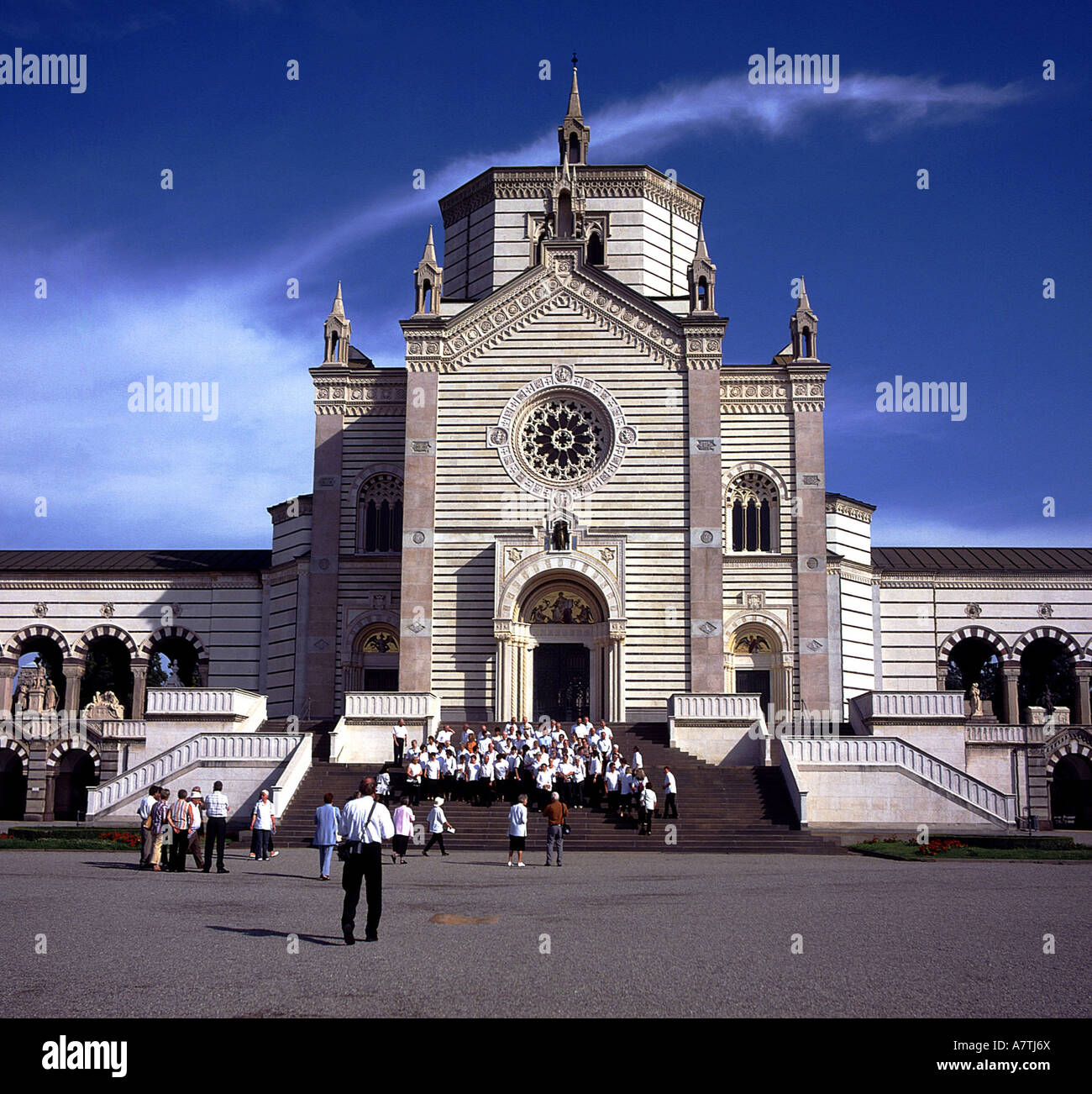 Group of people in front of building Monumental Cemetery Milan Lombardy ...