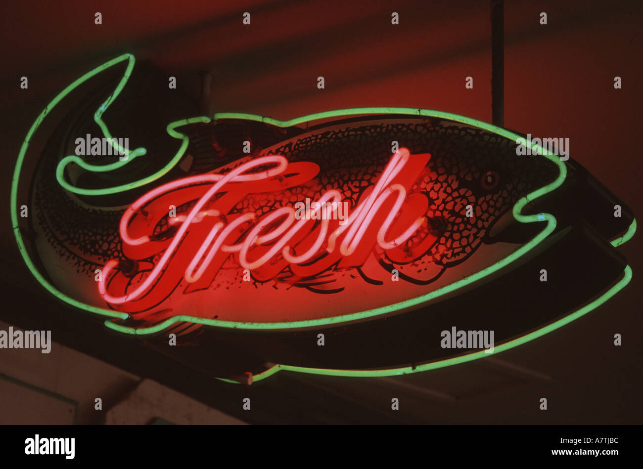 U.S.A., Washington, Seattle Fresh fish neon sign in Pike Place Market ...