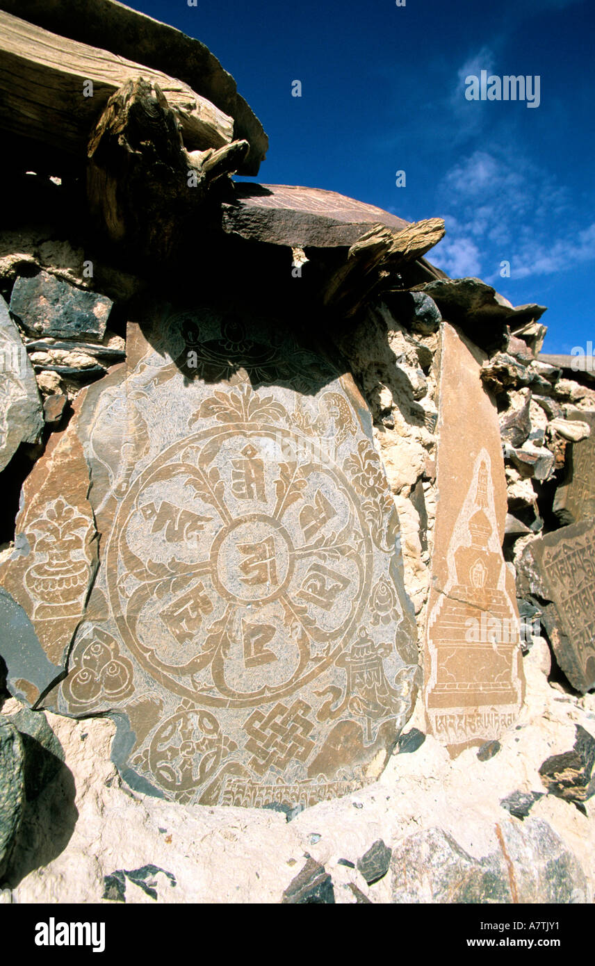 India, Jammu and Kashmir State, Ladakh region, mani stones carved with ...