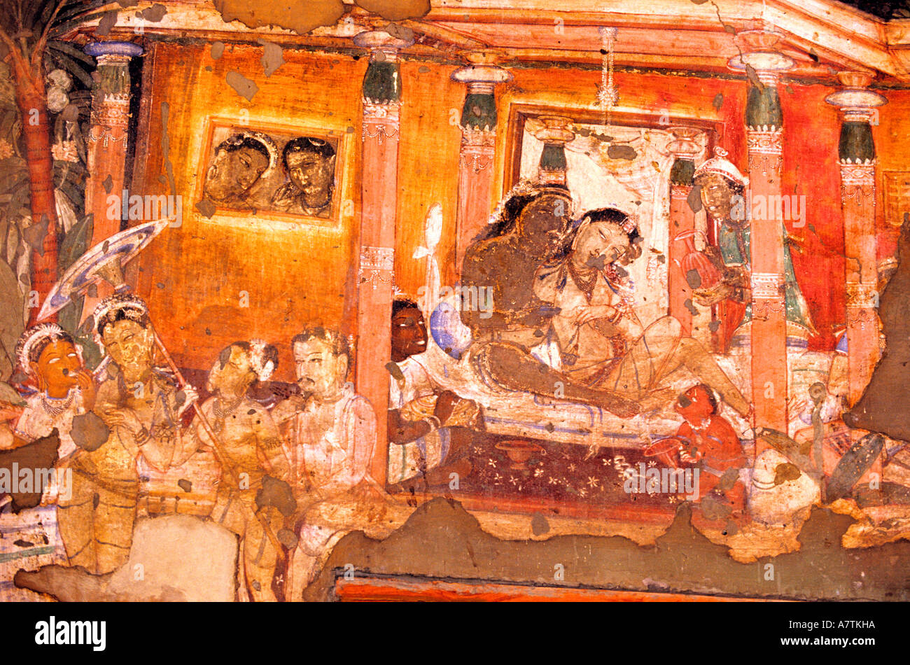 India, Maharashtra State, Ajanta, murals of the Buddhist cave n°9 Stock ...