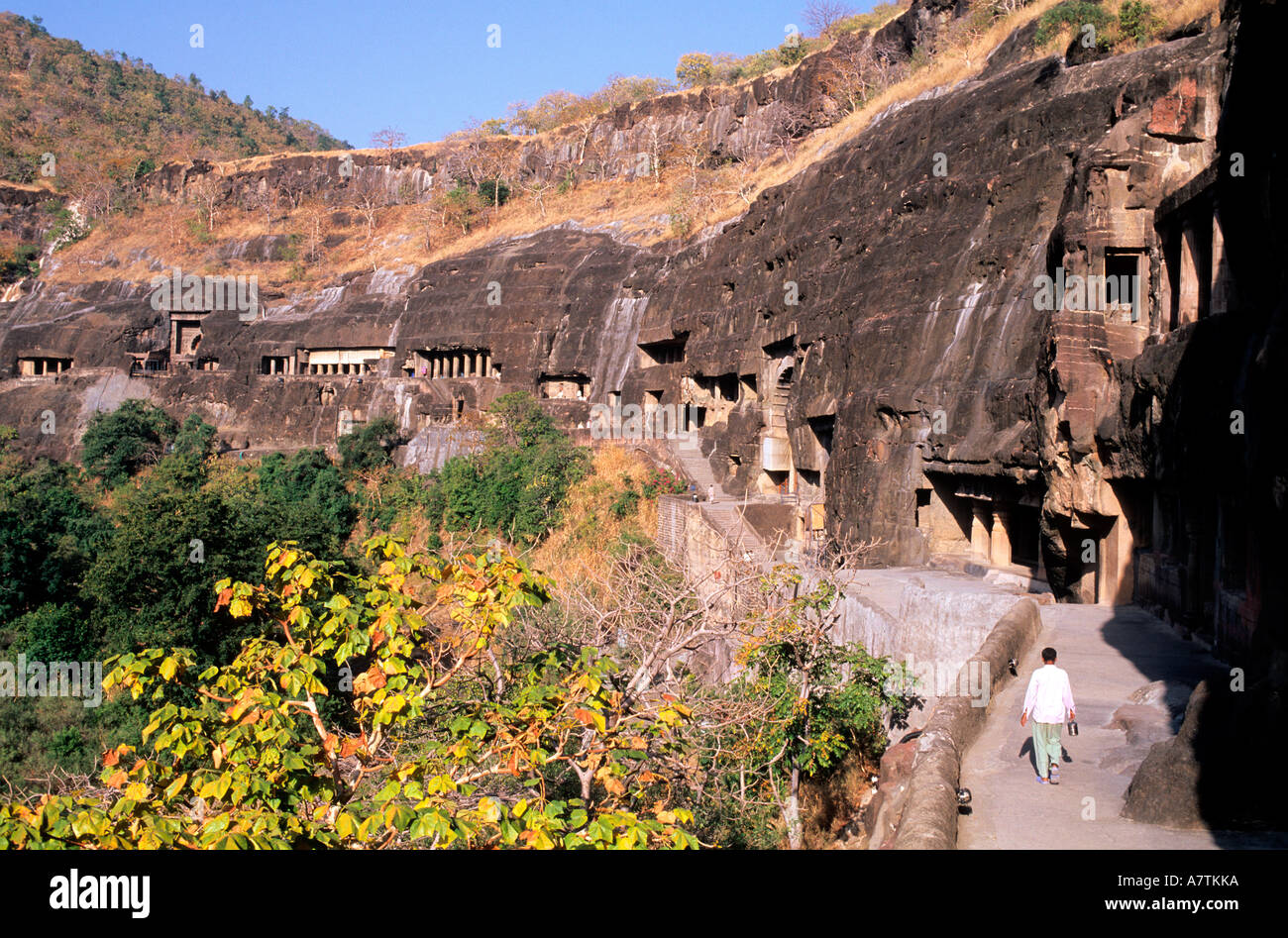 India, Maharashtra State, Ajanta, caves carved from the sheer cliff ...