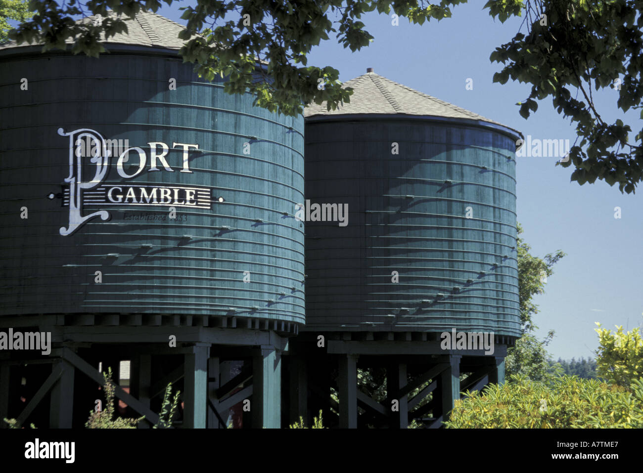 NA, USA, Washington, Port Gamble. Water towers Stock Photo - Alamy