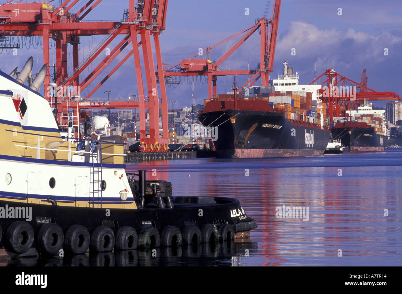 USA, Washington State, Seattle, Harbor Island. Container ships Stock ...