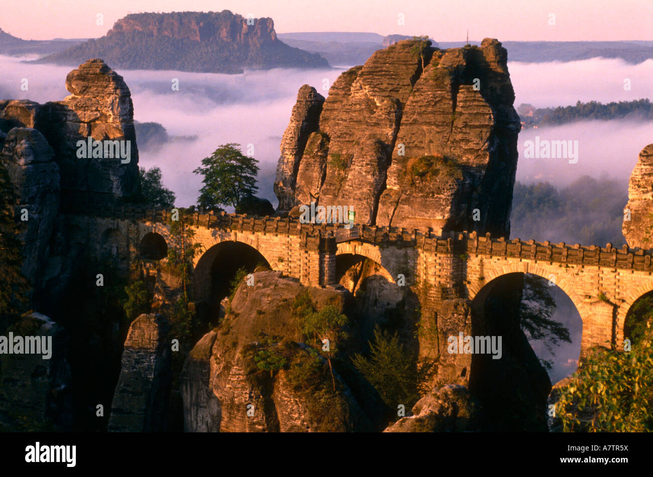 Rock formations around bridge on landscape, Bastei Bridge, Schweiz ...
