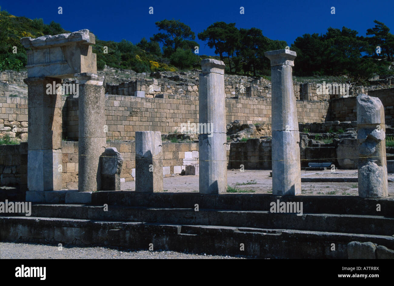 Broken columns at old ruins of building, Rhodes, Dodecanese Islands ...