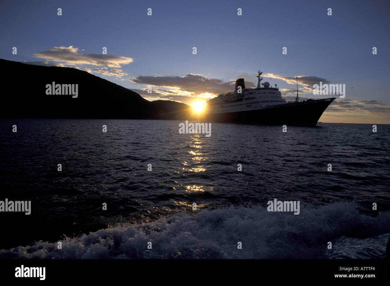 Europe, Norway, North Cape. Midnight sun in July, with Cunard cruise ...