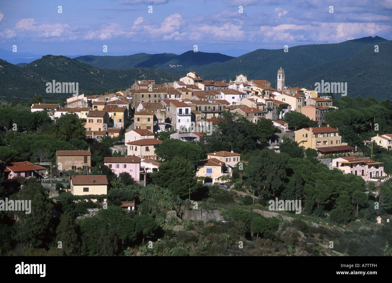 Aerial view of town on hill, Elba Island, Tuscany, Italy Stock Photo ...