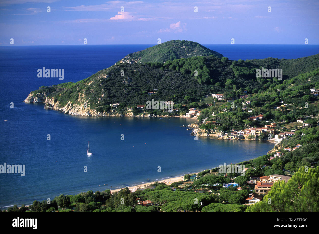 Aerial view of coastline, Bay Of Biodola, Tuscany, Italy Stock Photo ...