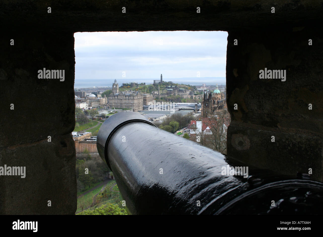 Cannon and view of Edinburgh from Edinburgh castle Scotland April 2007 ...