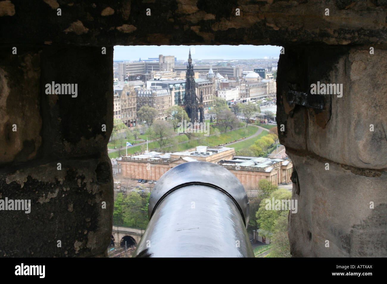 Cannon and view of Edinburgh from Edinburgh castle Scotland April 2007 ...