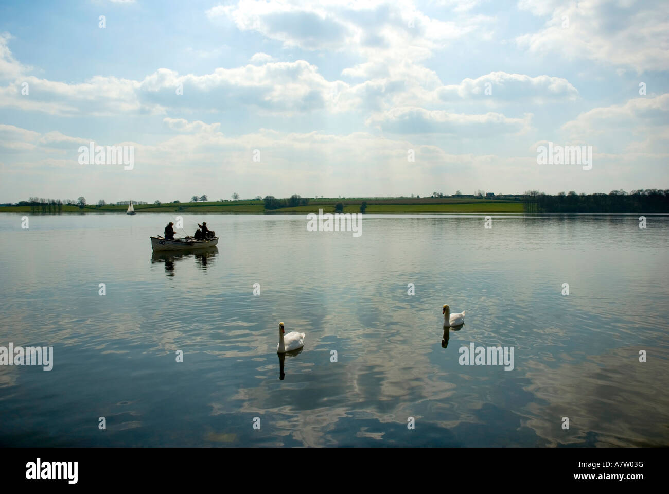 A landscape view of trout fishermen over Rutland Water Stock Photo - Alamy
