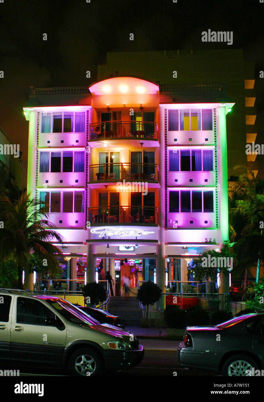 art deco hotel neon illumination night ocean drive miami beach florida ...