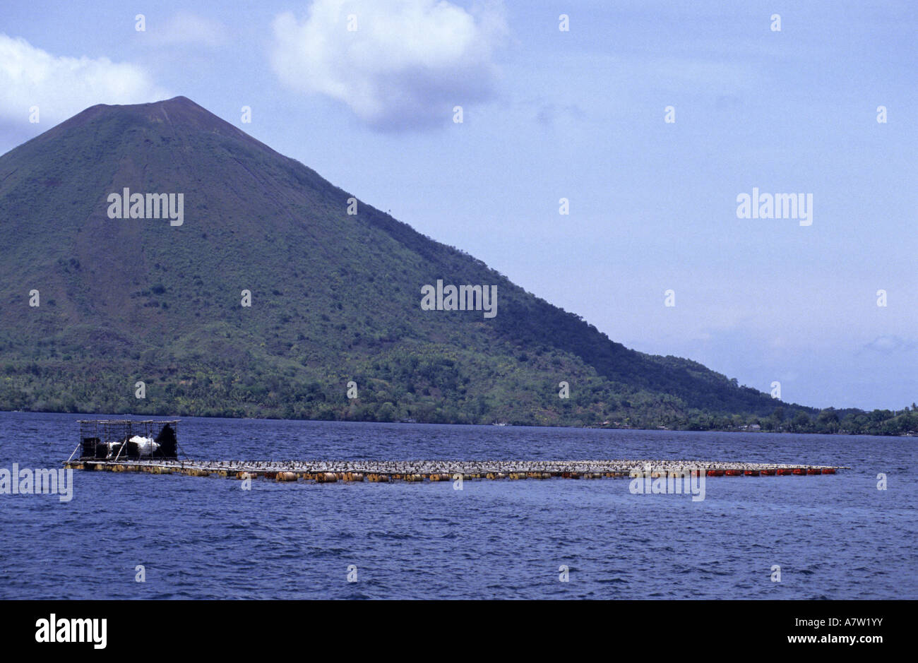 Oyster farm and Api volcano Gunung Api Banda island Moluccas islands ...