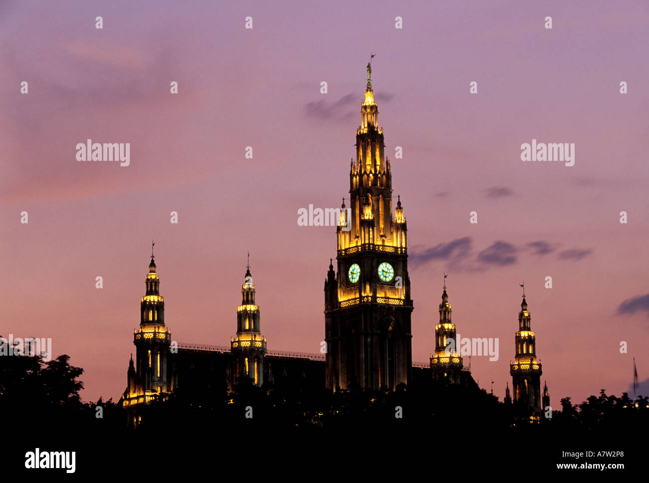 Austria, Vienna, the illuminated towers of the town hall at twilight ...
