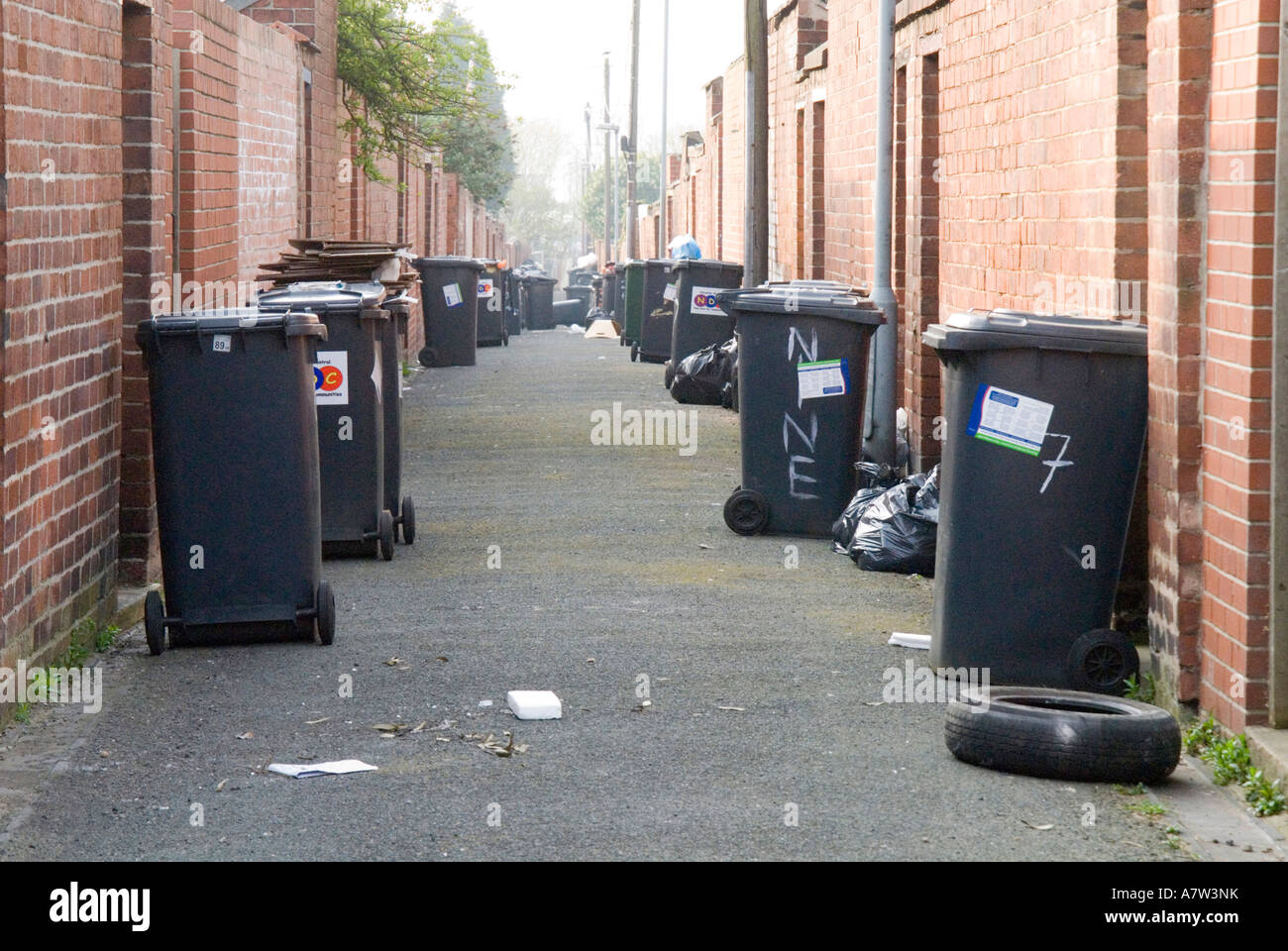 Rubbish Bins in Back Alley Stock Photo - Alamy