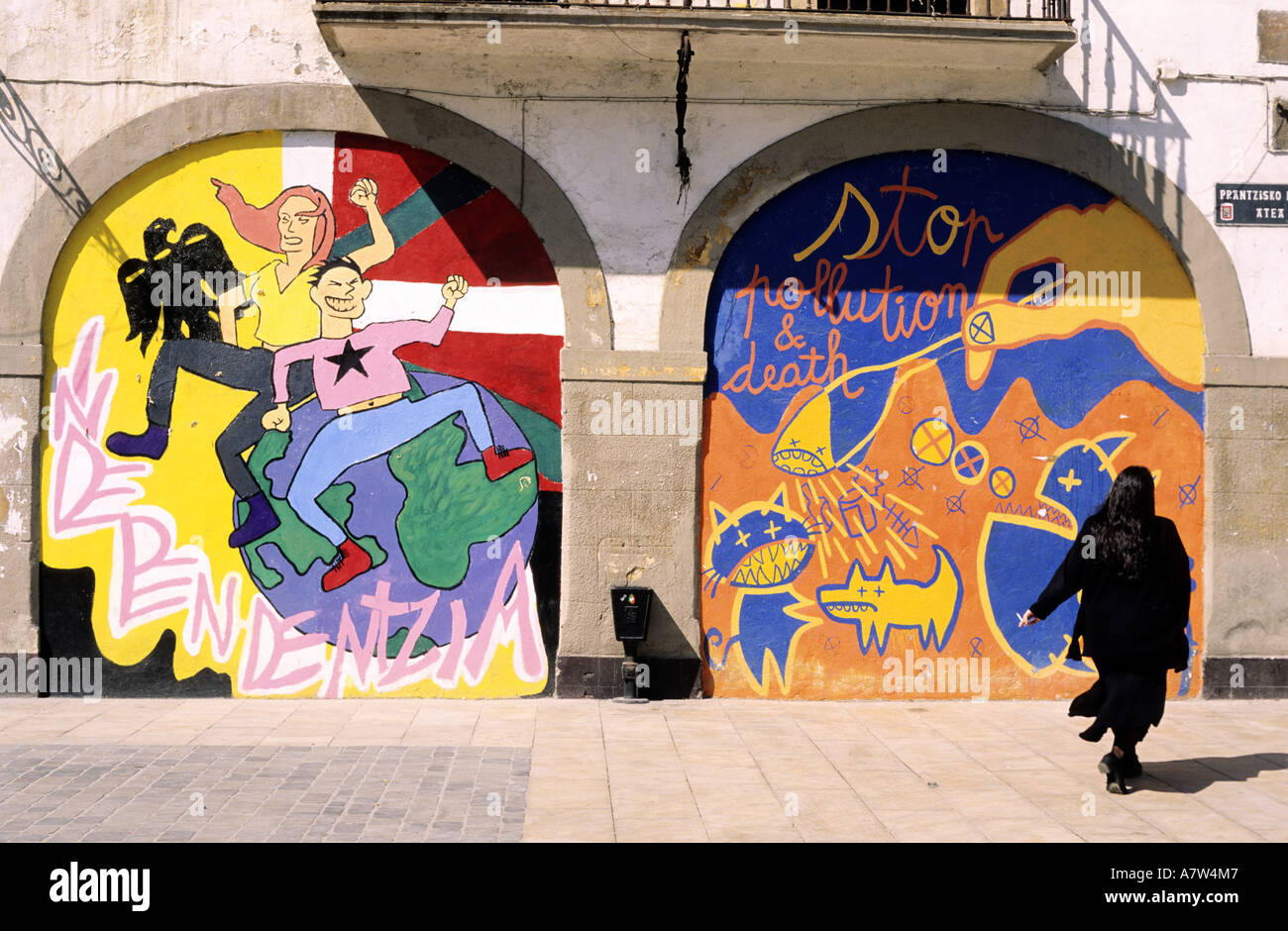 Spain, the Basque Country, Independence fresco on a wall of Bermeo ...