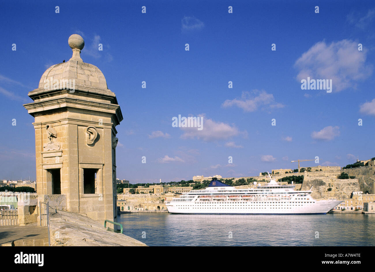 Malta, watch-turret on ramparts that dominate Valletta harbour where a ...